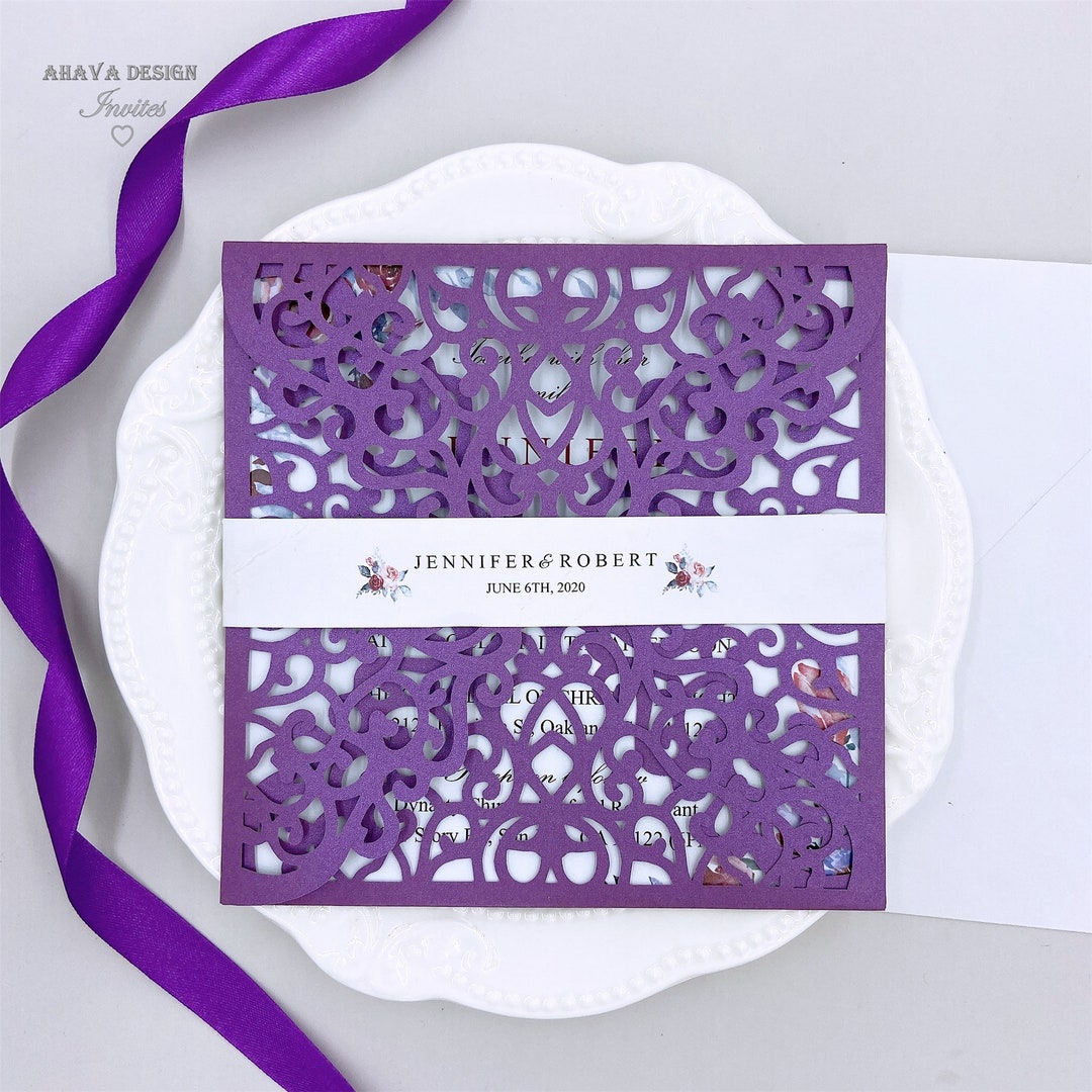 Luxury Purple Laser Wedding Invitations, Laer Cut Pocket + Monogram ...