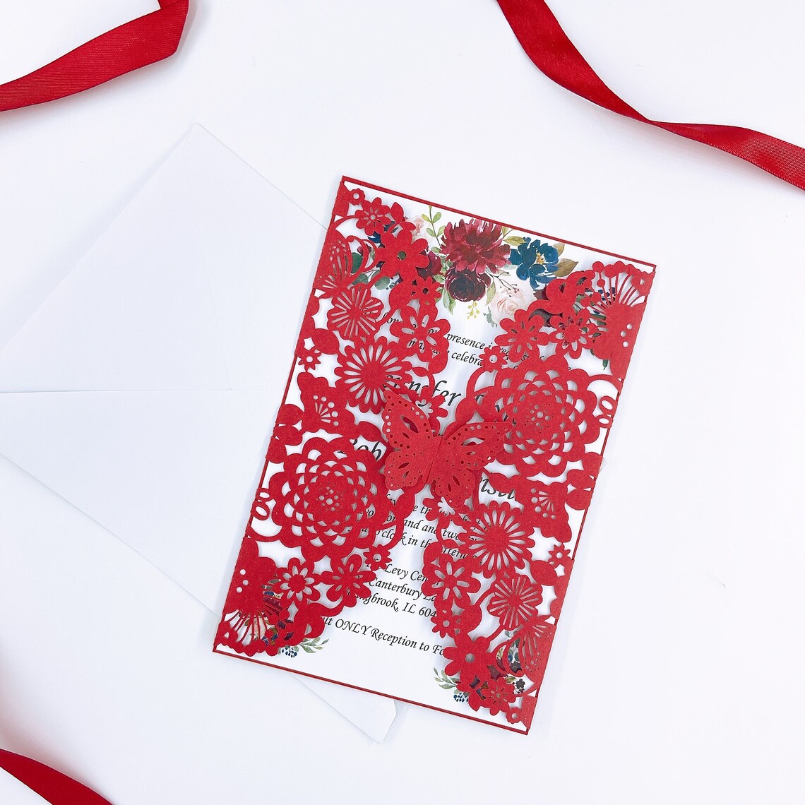 Special Red Laser Cut Wedding Invitations, Butterfly Laser Pocket With ...
