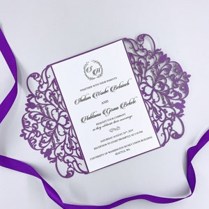 Custom Elegant Purple Laser Cut Wedding Invitation With Customized ...