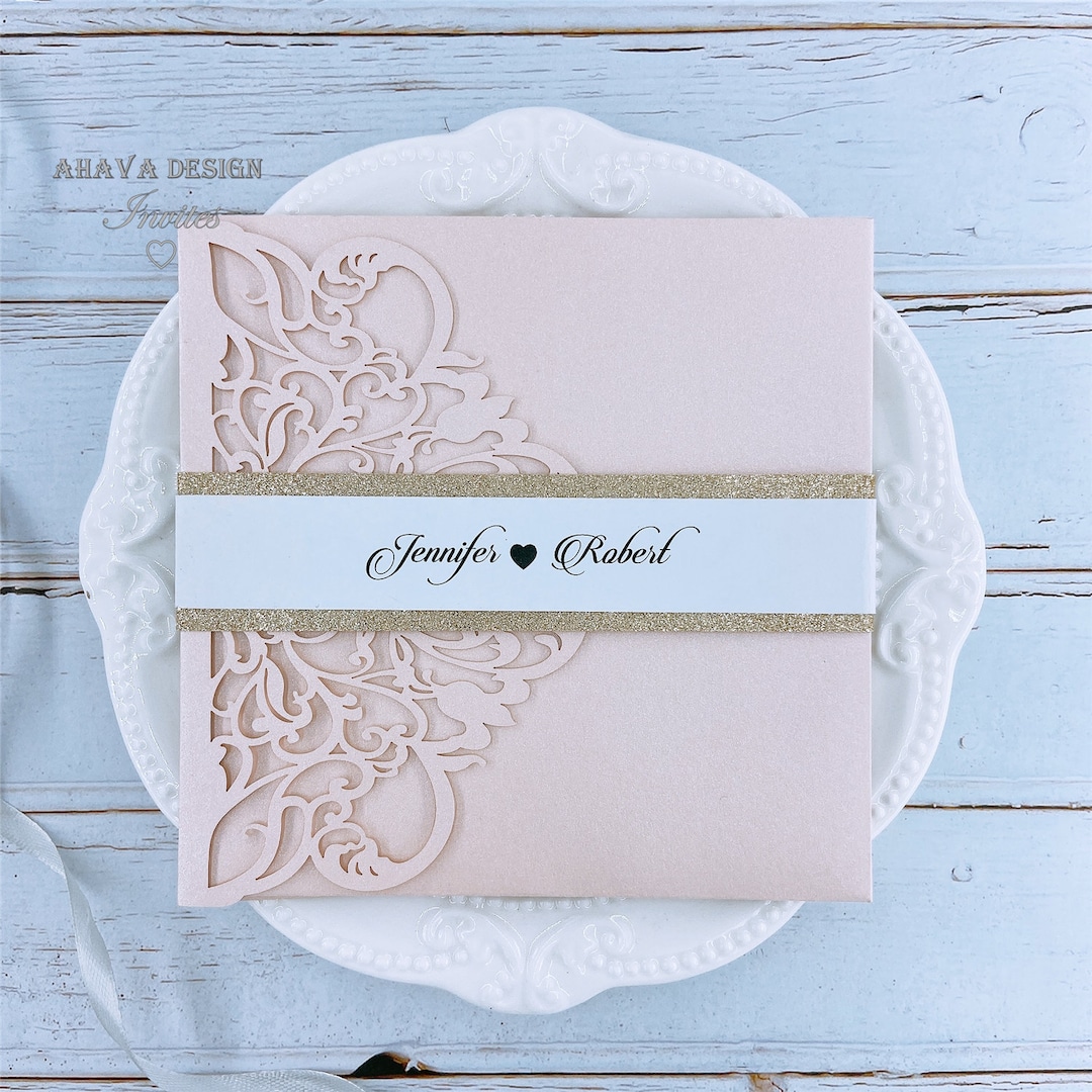 Blush Square Flowers Tri-fold Customized Laser Cutting Wedding ...