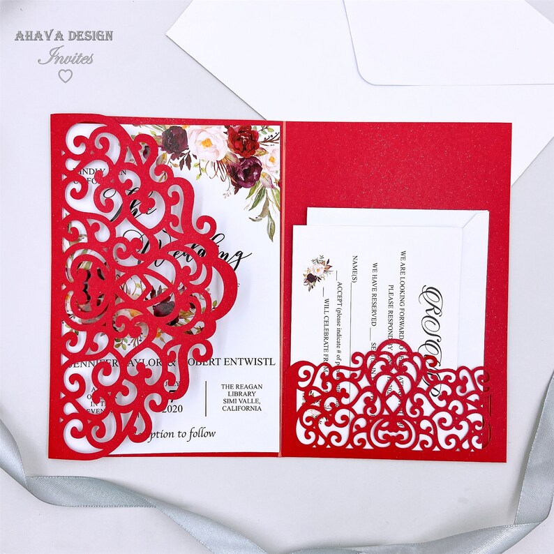 Customized Red Floral Laser Cut Wedding Invitation, Gorgeous Invite ...