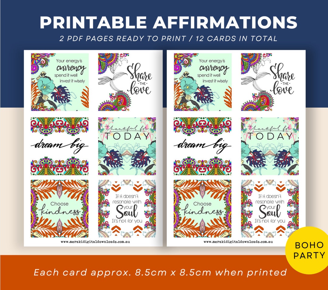 12 Printable Pretty Boho Affirmations Cards, INSTANT DOWNLOAD ...