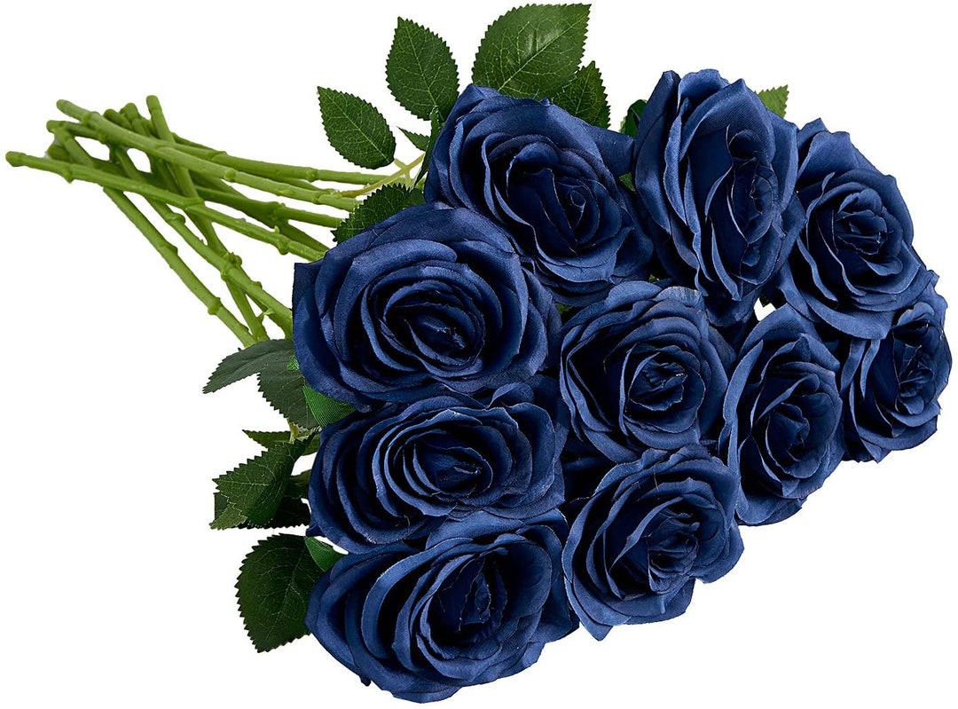 10pcs Artificial Navy Blue Rose Head With Long Stems ,navy Blue Rose ...