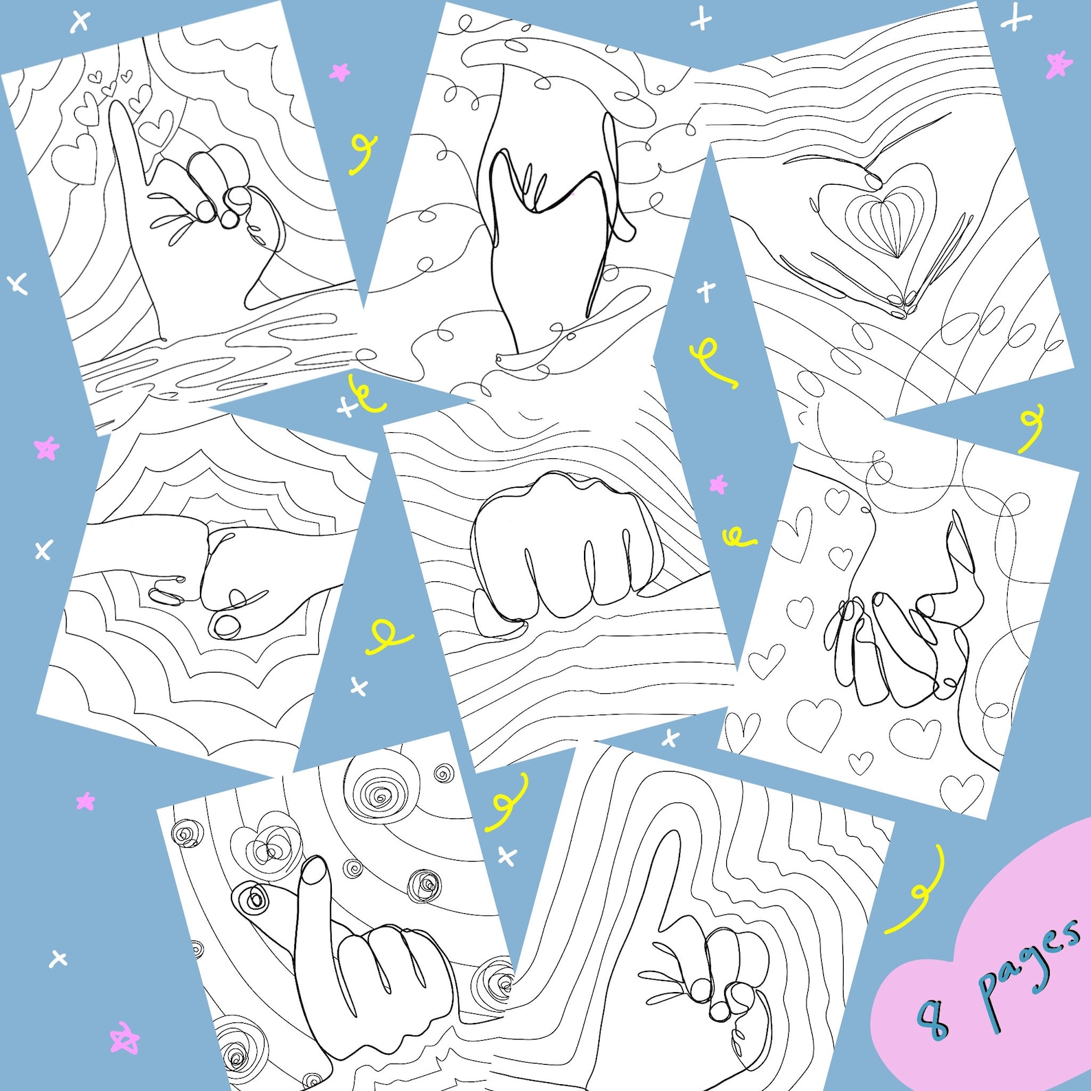 Hand gestures set coloring pages digital file print | Etsy