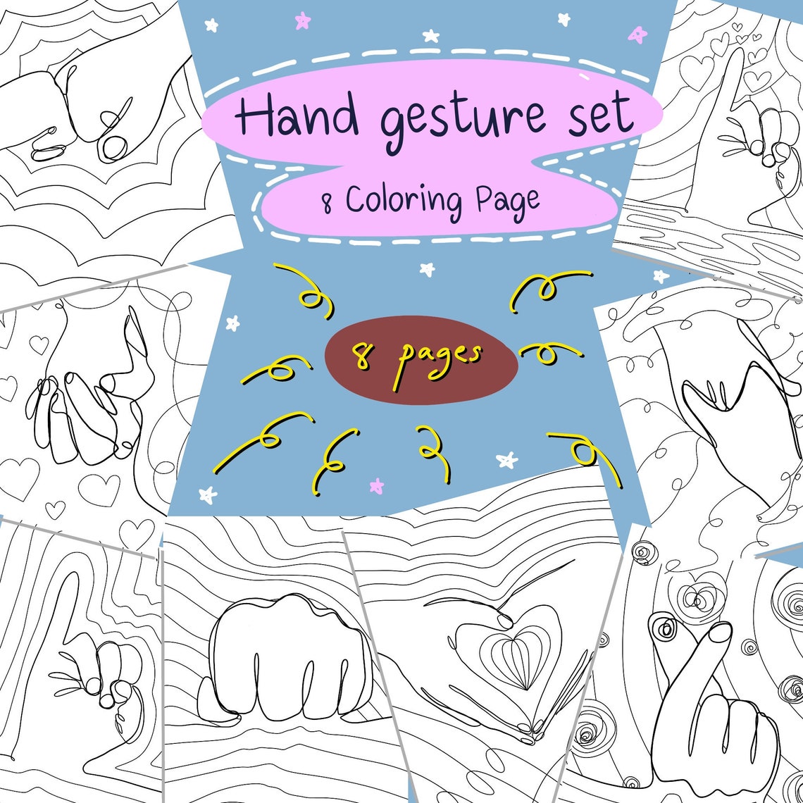 Hand gestures set coloring pages digital file print | Etsy