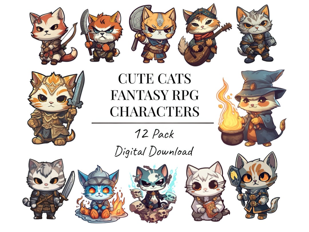 Cute Fantasy Chibi Cats Fantasy RPG, Nerdy, Geek, Clipart Kittens ...