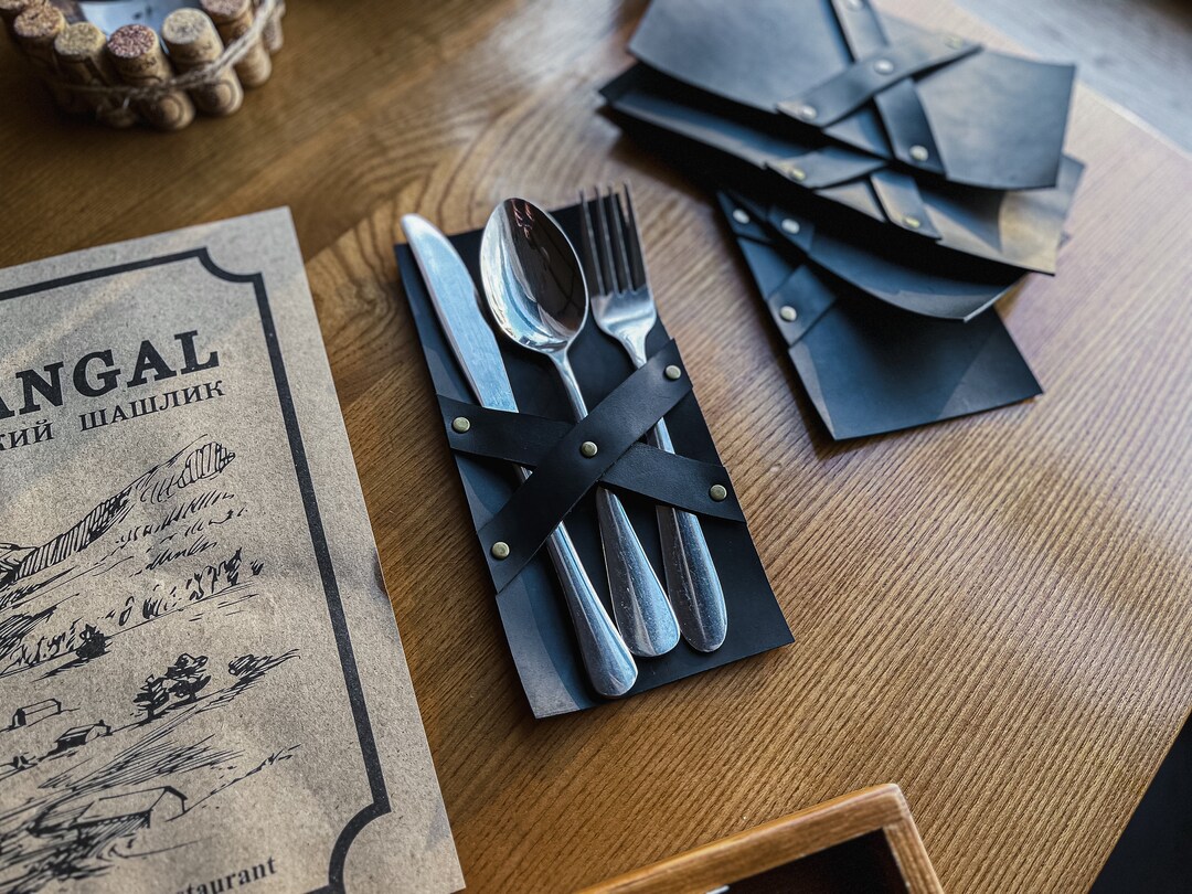 Leather Cutlery Pouch, Personalized Cutlery Holder, Cafe Bar Restaurant ...