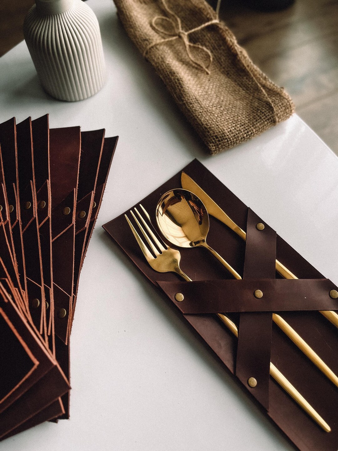 Personalized Leather Cutlery Holder, Restaurant Cafe Bar Cutlery Pouch ...