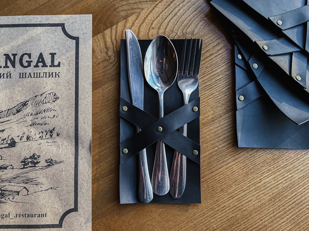 Leather Cutlery Pouch, Personalized Cutlery Holder, Cafe Bar Restaurant ...