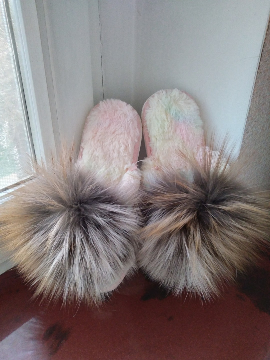 Fur slippers for women Fluffy slippers of faux fur with real - Etsy Polska