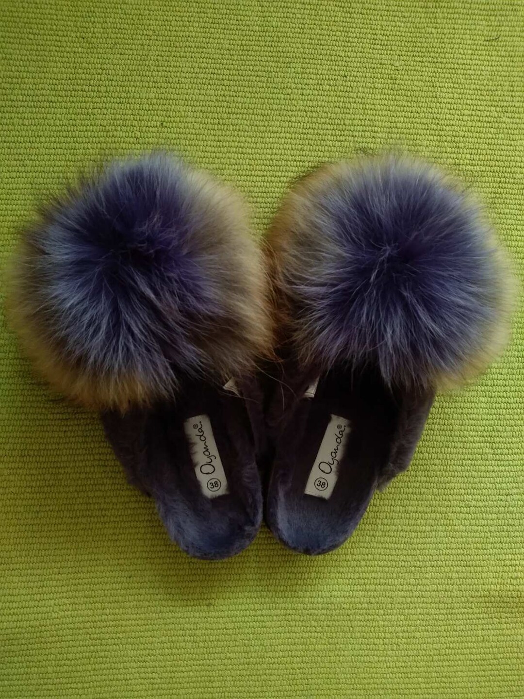 Purple Soft Plush Slippers With Natural Raccoon and Fox Fur Pompoms for ...