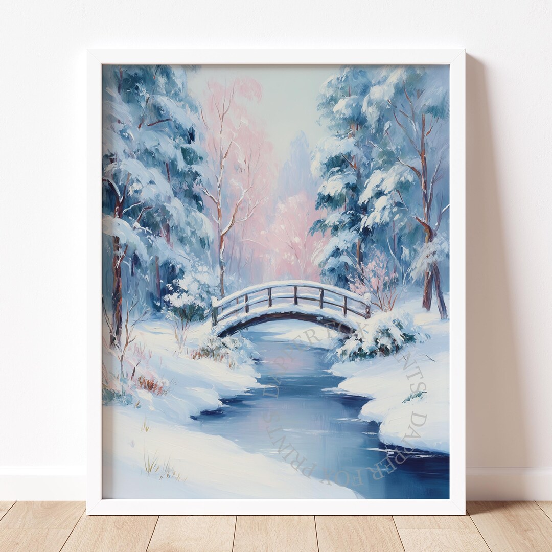 Footbridge Printable Wall Art - Pastel Winter Landscape, Serene Snowy ...