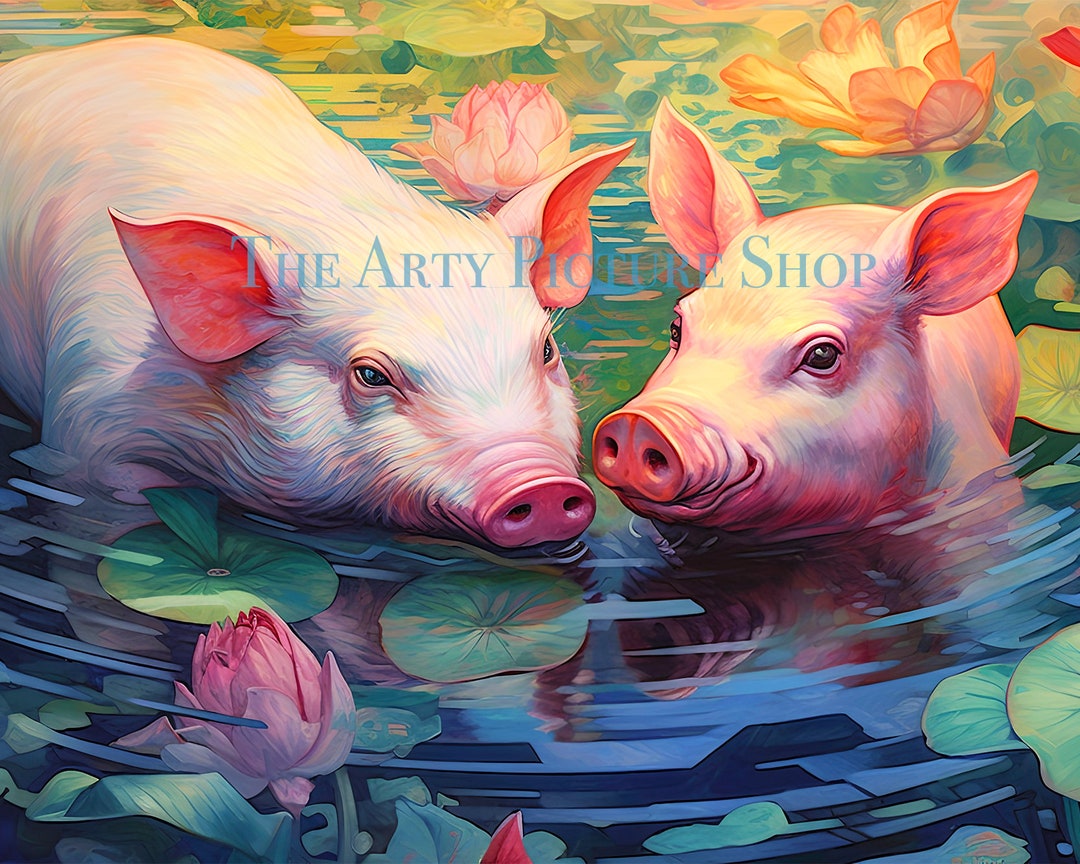 Pigs Swimming in a Pond Printable Art Instant Download, Commercial Use ...