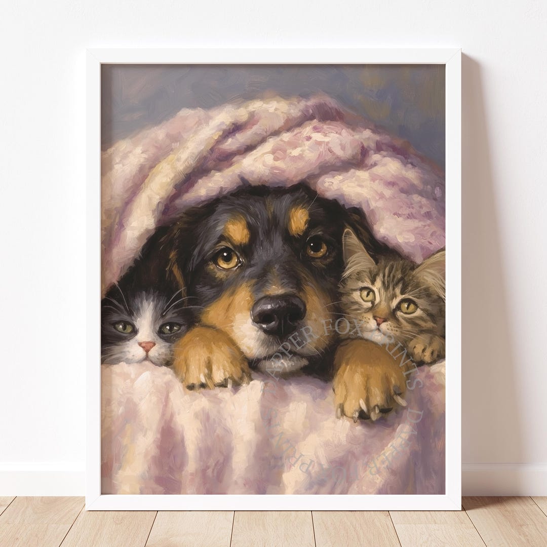 Pets Cuddled Under Blanket - Cozy Family Portrait, Cute Dog and Cats ...