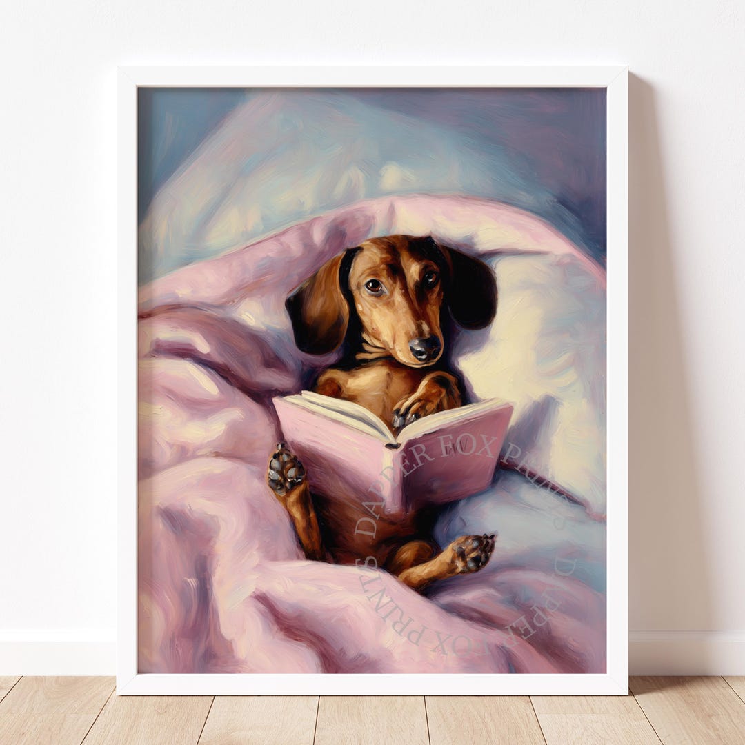 Dachshund Reading Under Pink Blanket - Painterly Dog Wall Art, Cozy ...
