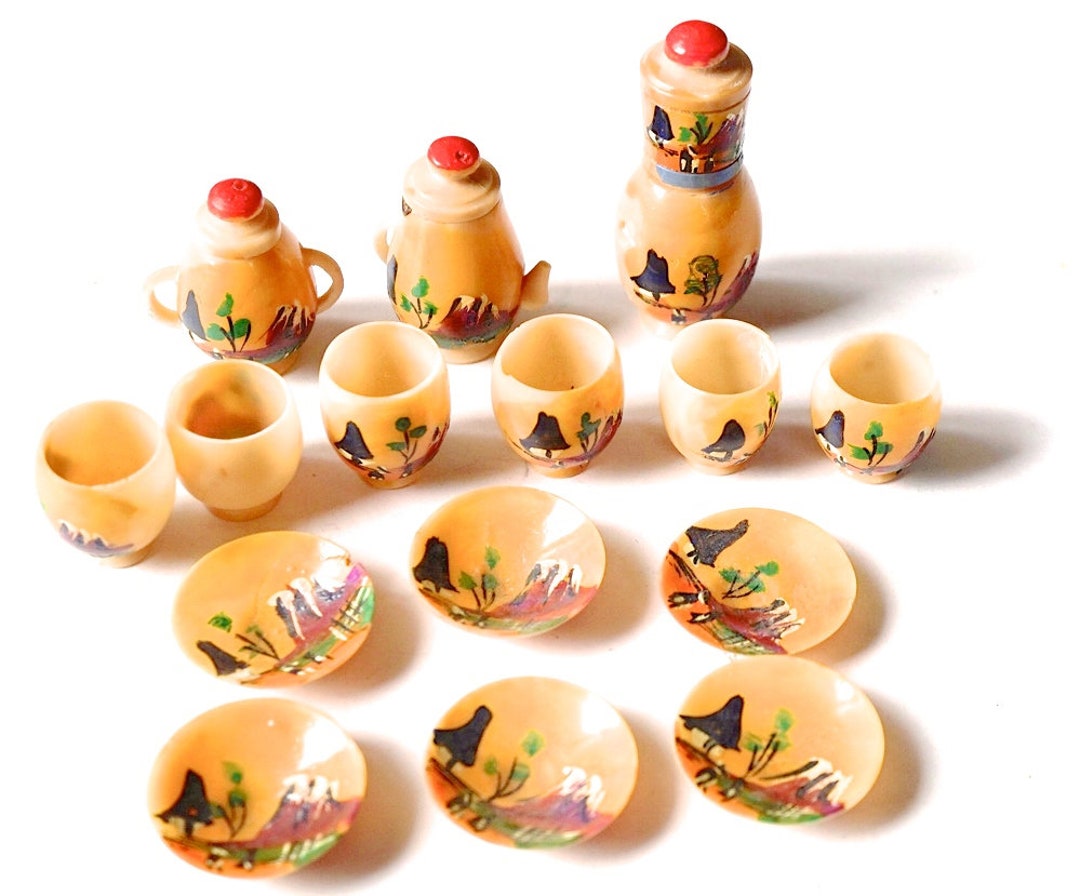Miniature Hand Painted Japanese Tea or Sake Set Vintage 15 Piece ...