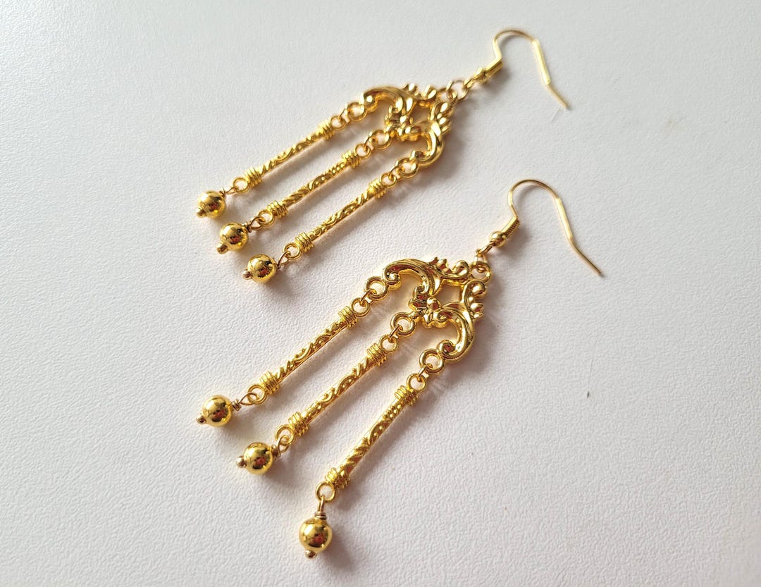 Earrings, Antique Style, Historical, Triple Pendant, Gold, Hooks or ...