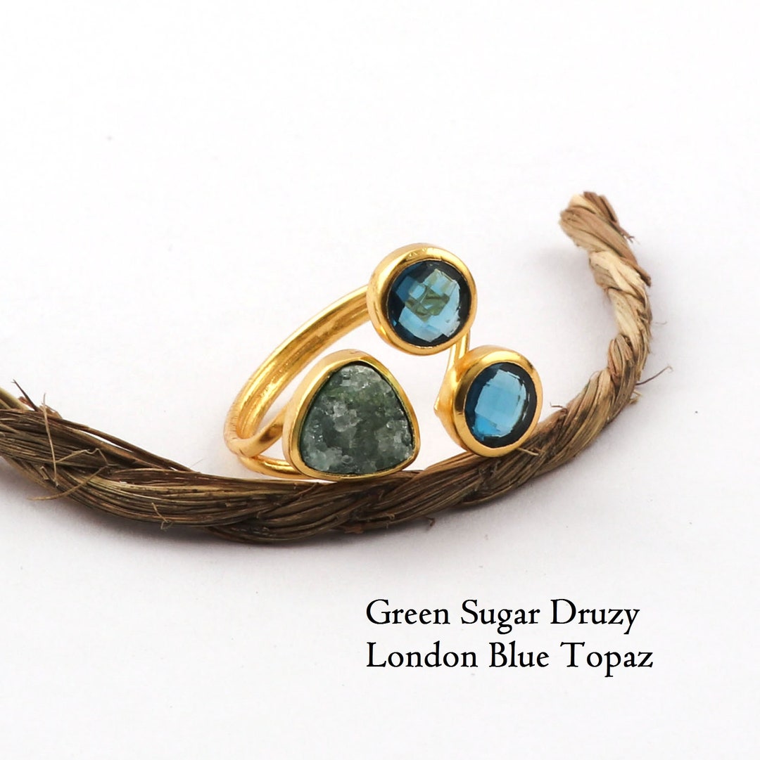 Double Gemstone Collet Set Ring, Gold Plated Open Style Adjustable Ring ...