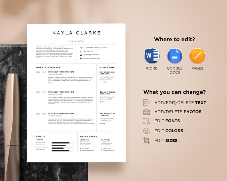 Professional Resume template Modern CV Template Black and | Etsy