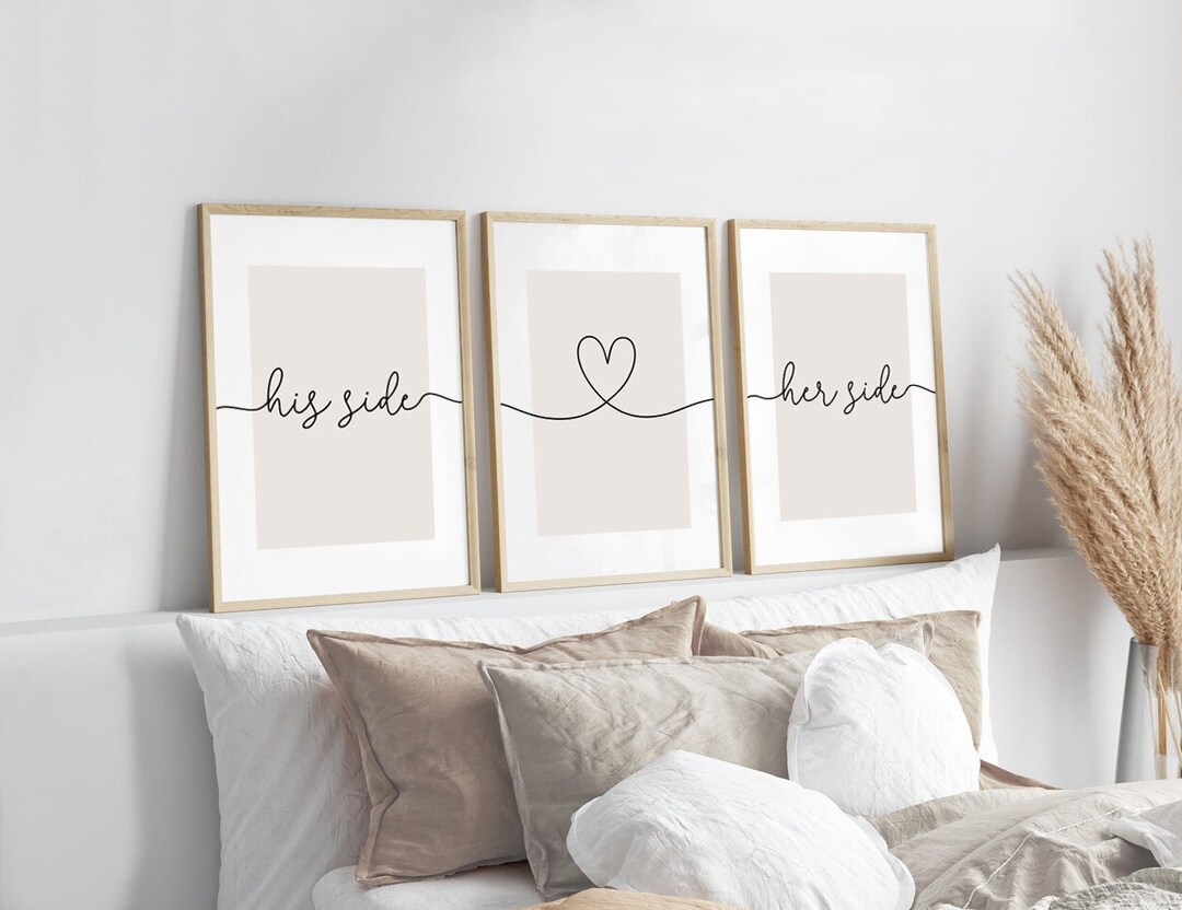 Bedroom Prints, His Side Her Side Heart Prints, Set of 3, Neutral ...