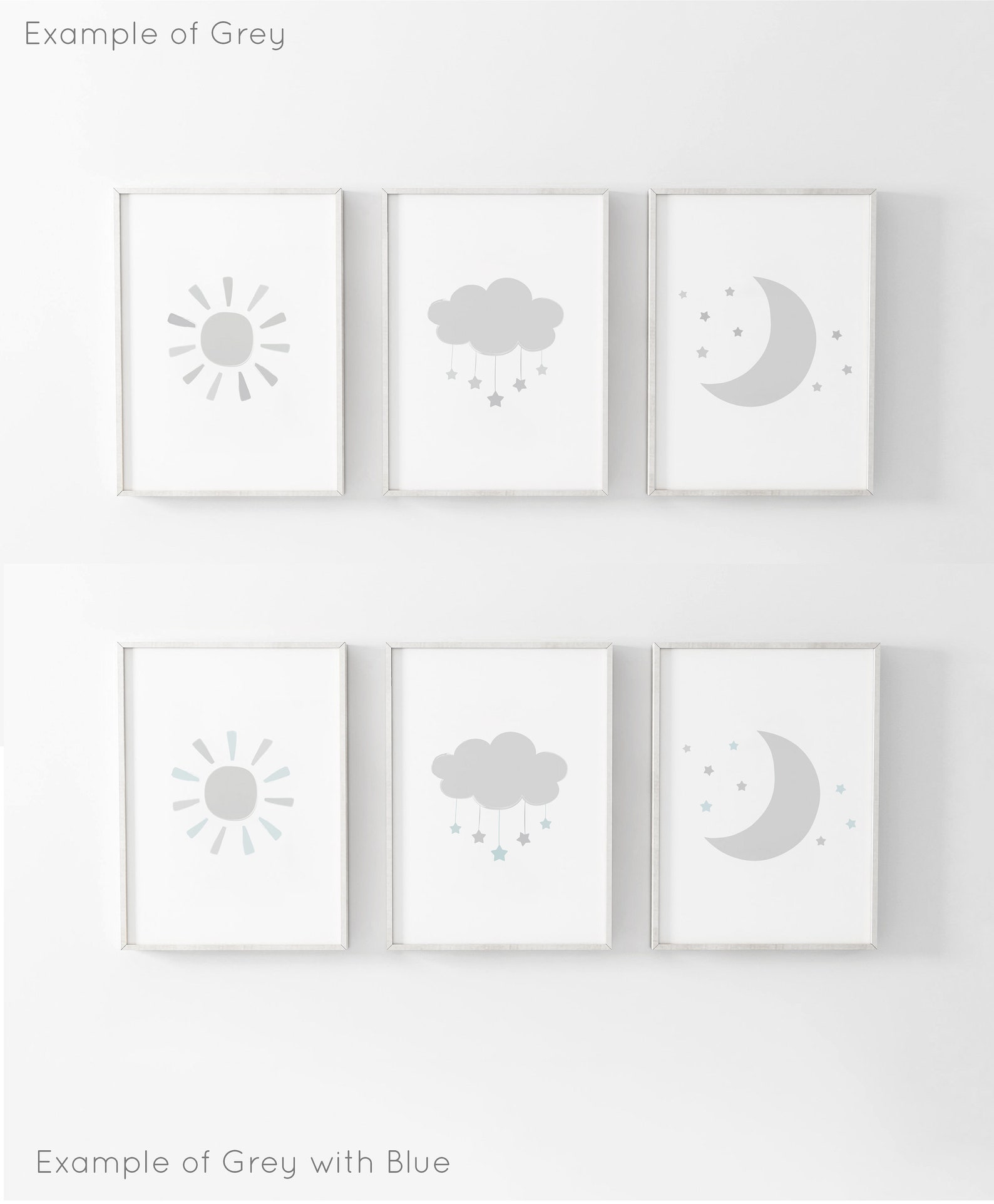 Gender Neutral Cloud Moon Sun Prints - Set of 3, Baby Girl Print, Beige ...