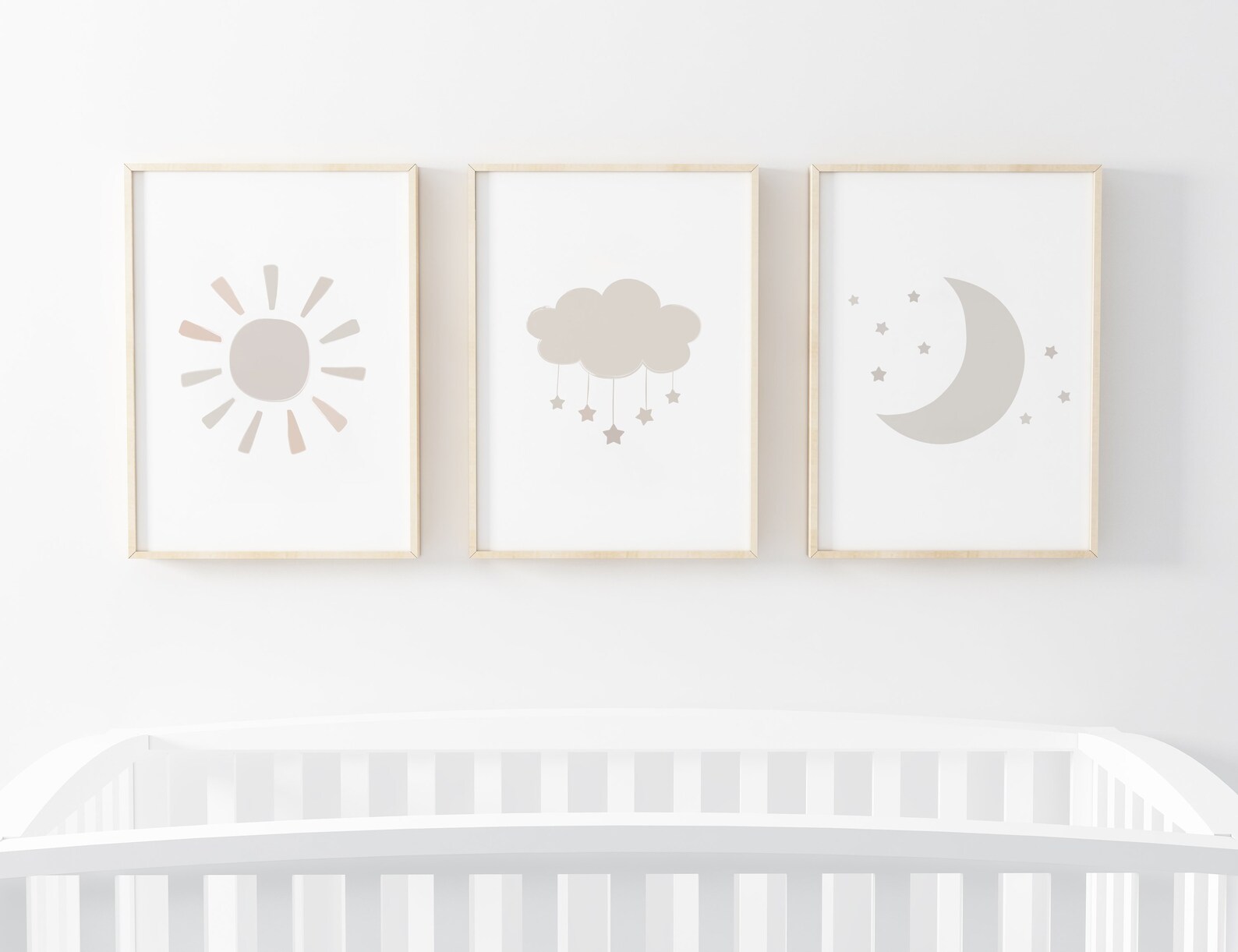 Gender Neutral Cloud Moon Sun Prints - Set of 3, Baby Girl Print, Beige ...