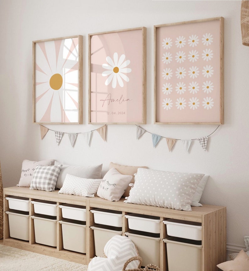 Neutral Daisy Prints - Set of 3, Beige Nursery, Baby Print, Nursery ...