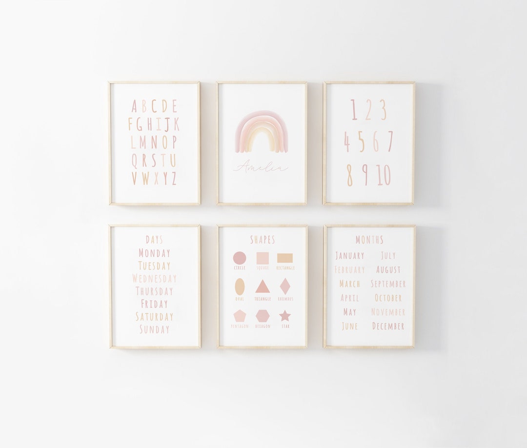Neutral Rainbow Alphabet Prints, Set of 6, Personalised Name, Numbers ...