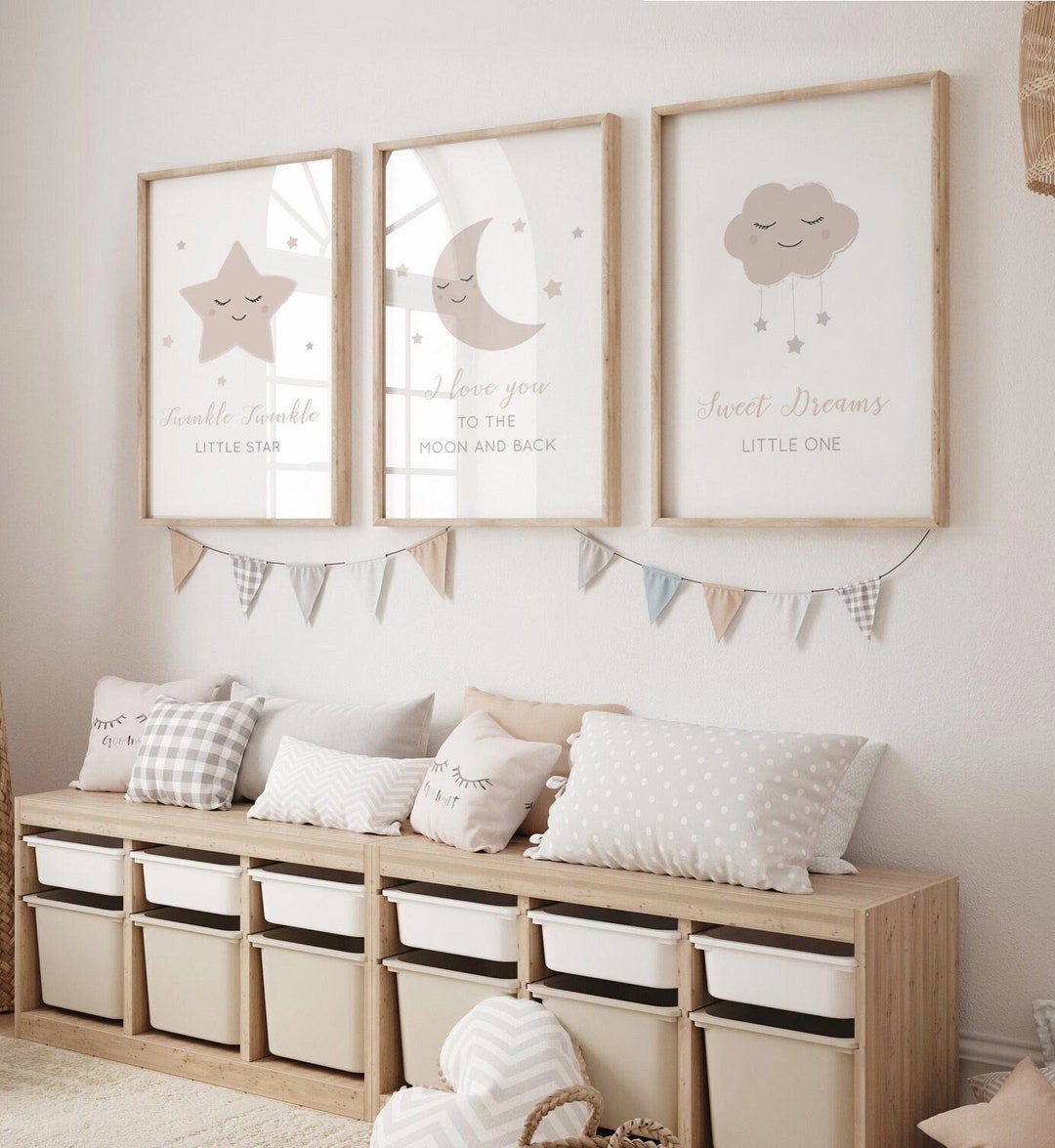 Neutral Moon Stars Cloud Prints - Set of 3, Beige Nursery, Baby Print ...