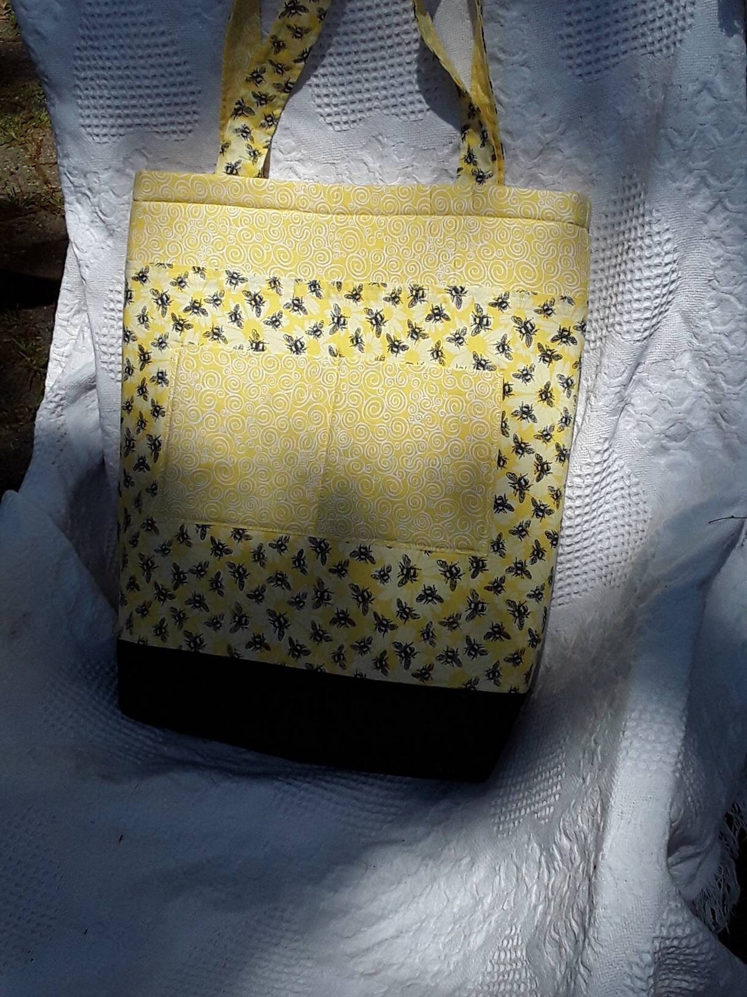Bag, Tote, in Yellow Bees Accented by Yellow Swirls, Bottom of Bag is ...