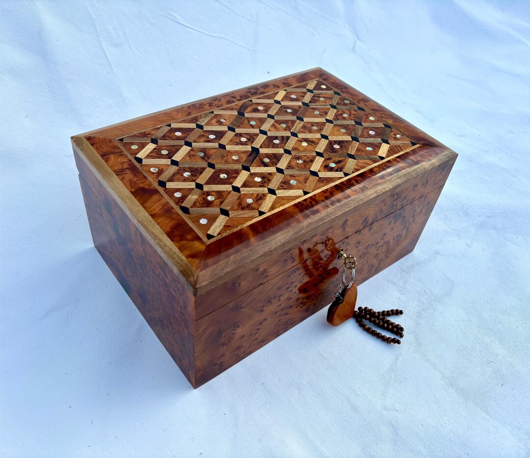 12"×8" Jewelry Box Wood Burl, Handmade Jewelry Box With Lock ,moroccan ...