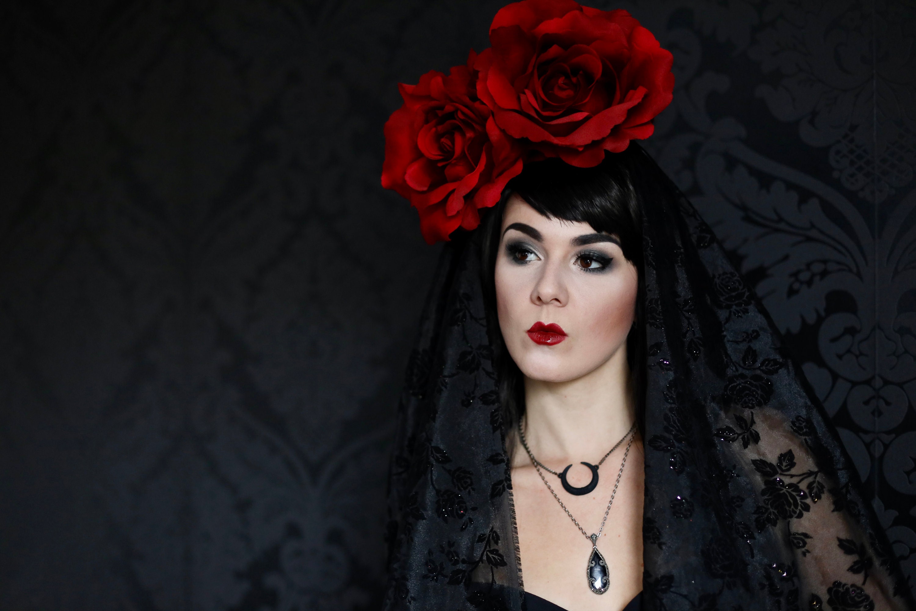 Red Roses and Black Lace Veil Headdress - Unique Gothic Elegance - Etsy