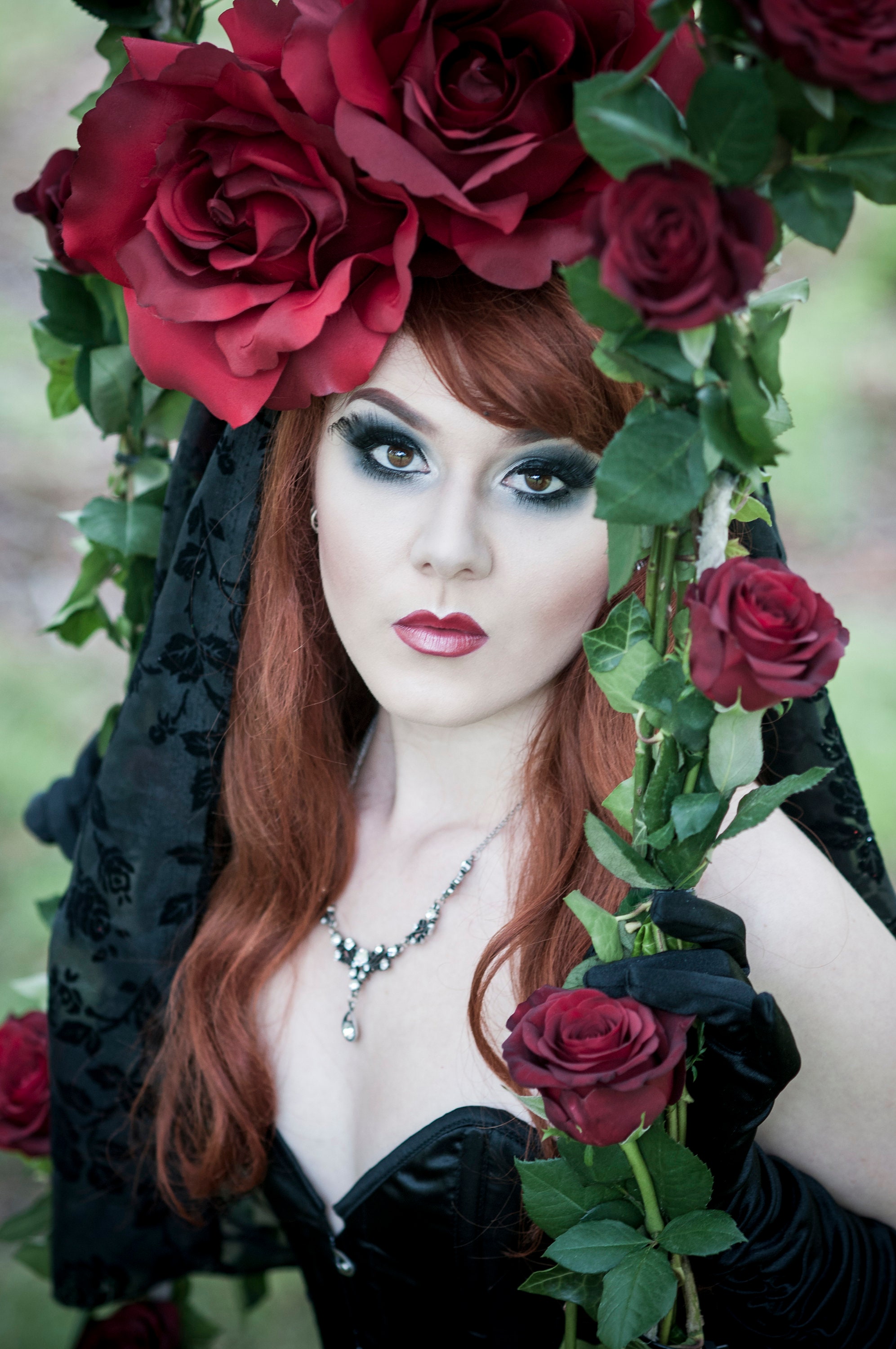 Red Roses and Black Lace Veil Headdress - Unique Gothic Elegance - Etsy