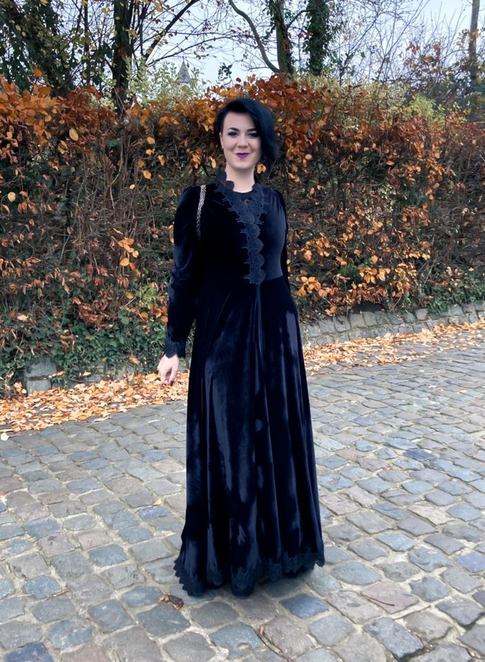 Flowy Elegant Romantic Gothic Coat in Black Velvet With Lace Trims - Etsy
