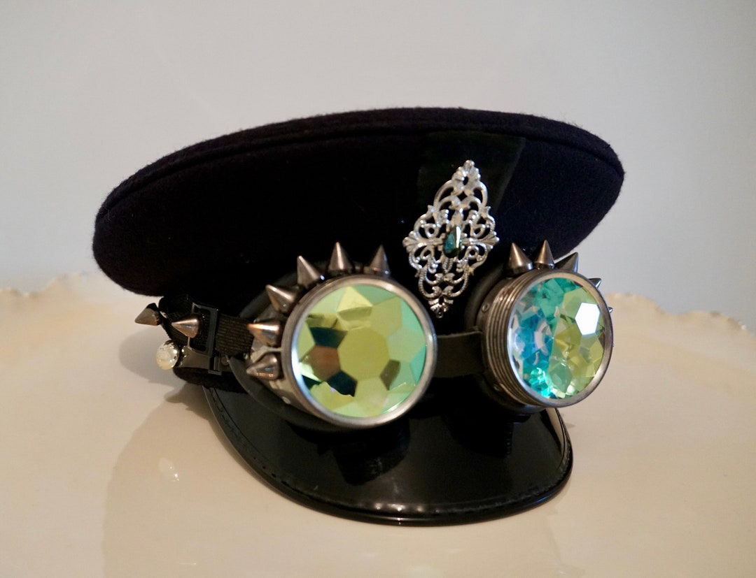 Black Cyber Goth Cap With Green Holographic Prism Goggle and Spikes - Etsy