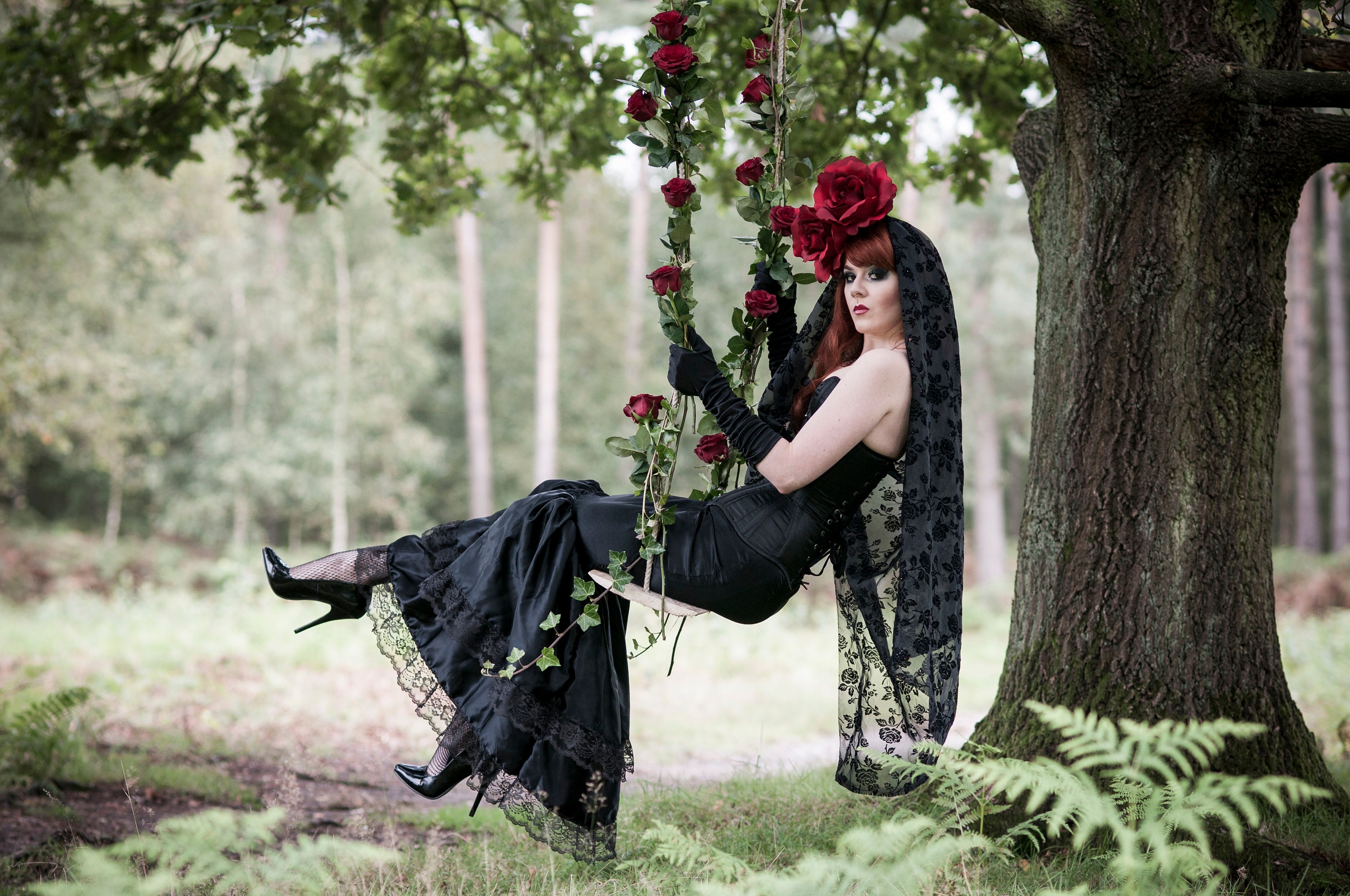 Red Roses and Black Lace Veil Headdress - Unique Gothic Elegance - Etsy