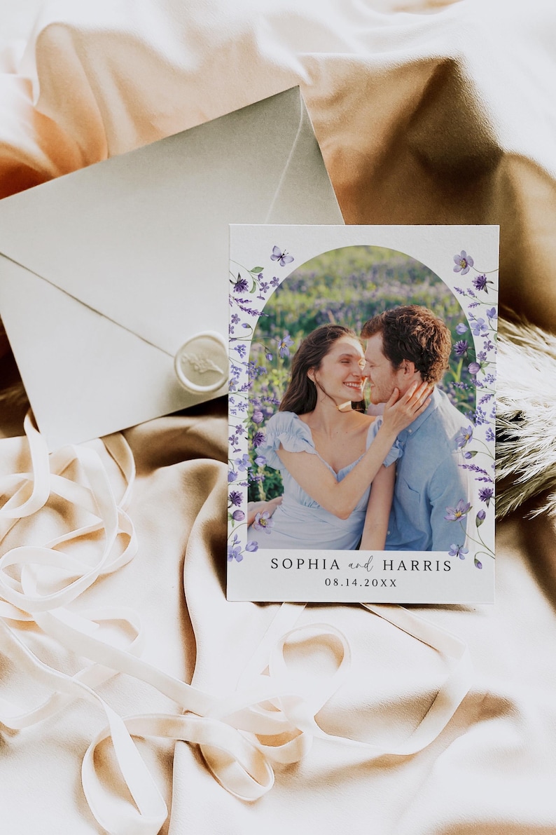 Purple Floral Save the Date Card, Spring Wedding Invite Template ...