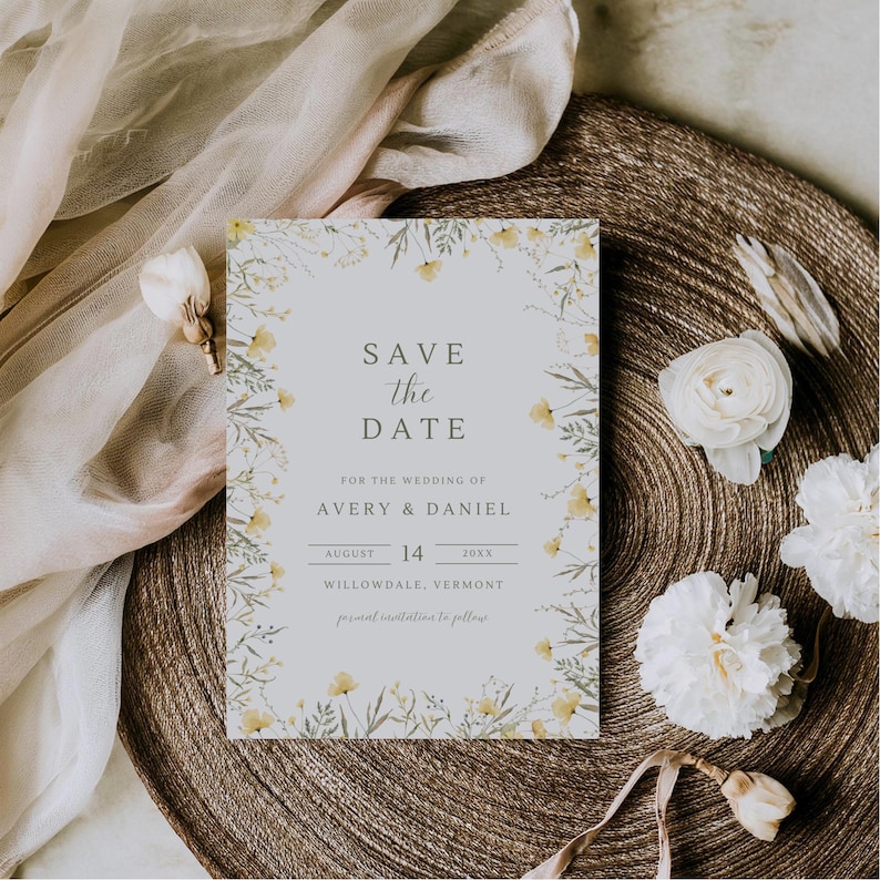 Wildflower Save the Date Template, Editable Yellow Floral Save the Date ...