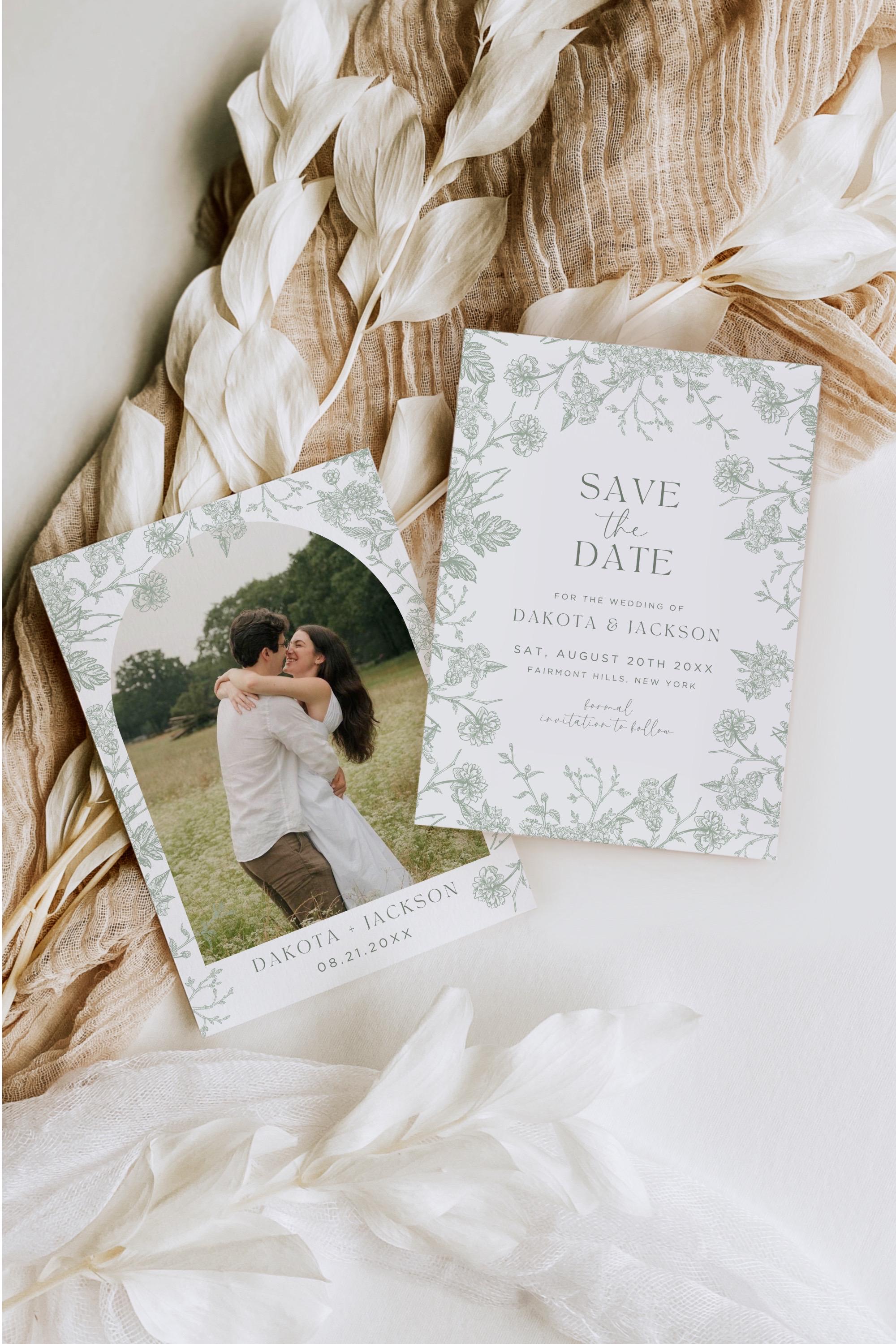 Sage Green Wedding Save the Date, Floral Toile Announcement Invitation ...