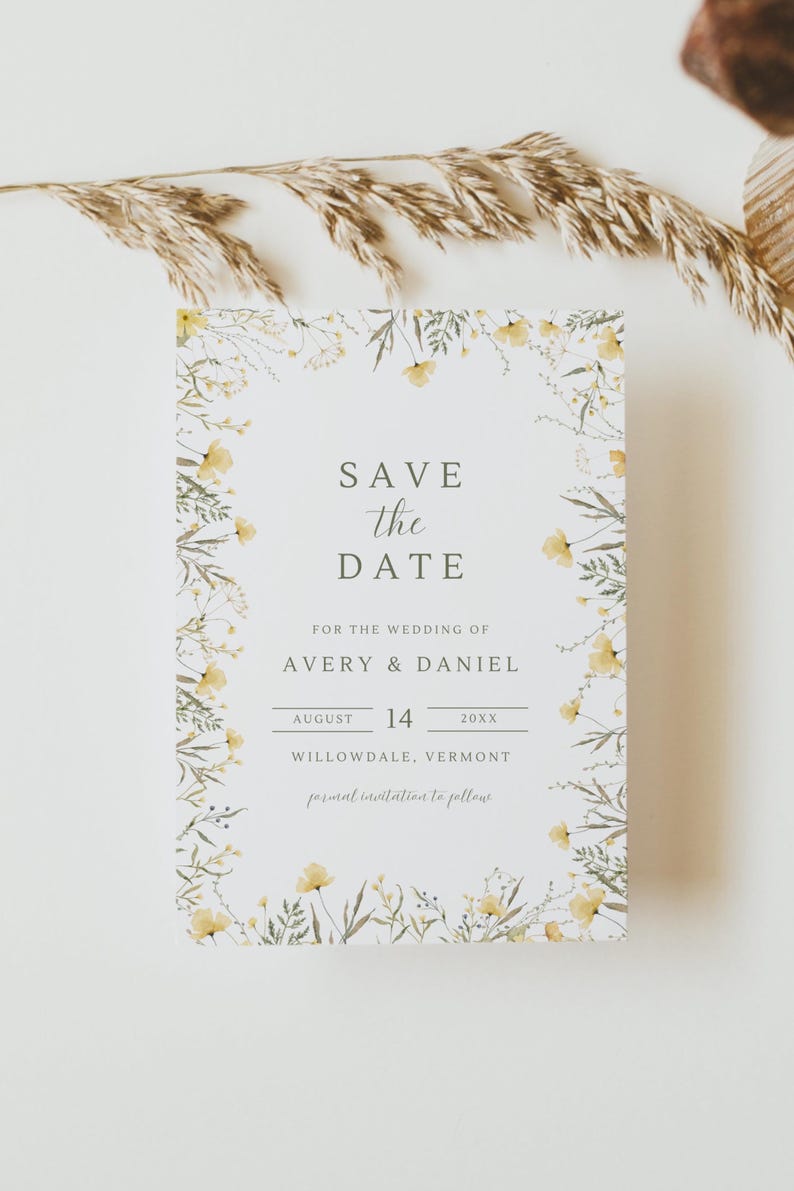 Wildflower Save the Date Template, Editable Yellow Floral Save the Date ...