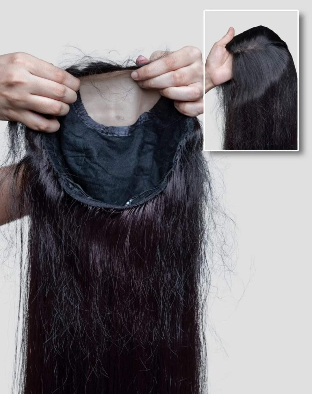 24" Natural Black Wig Silk Base Fixed Partision Made by Human Hair Wig ...