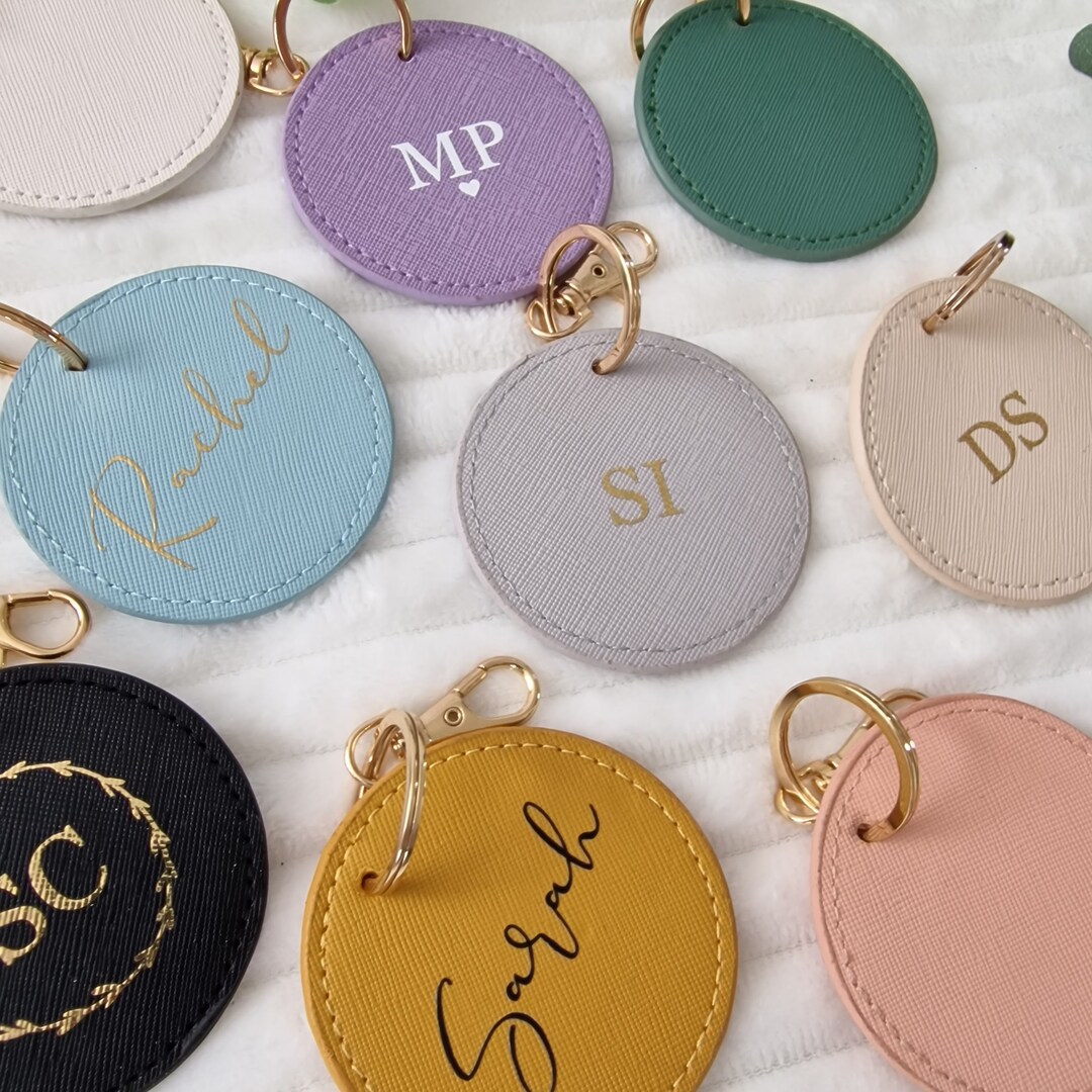 Personalised Circle Keyring, Monogram Key Clip, Faux Leather Bag Charm ...