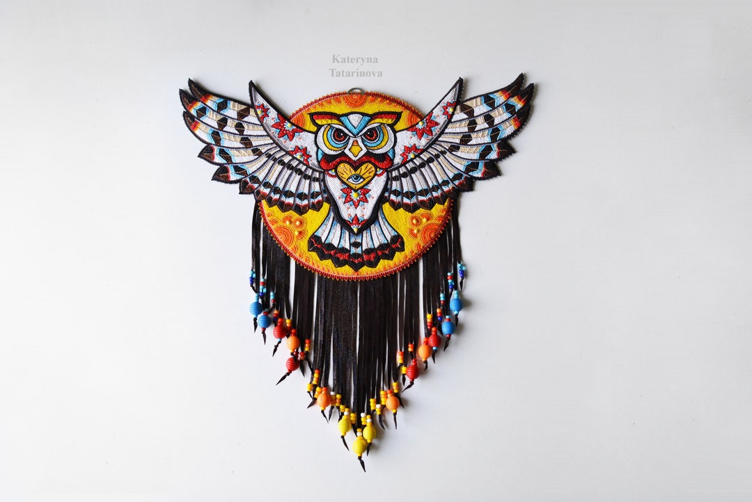 Owl Spirit Wall Decor, White Owl Art Work, Hanging Owl, Fringe Wall ...