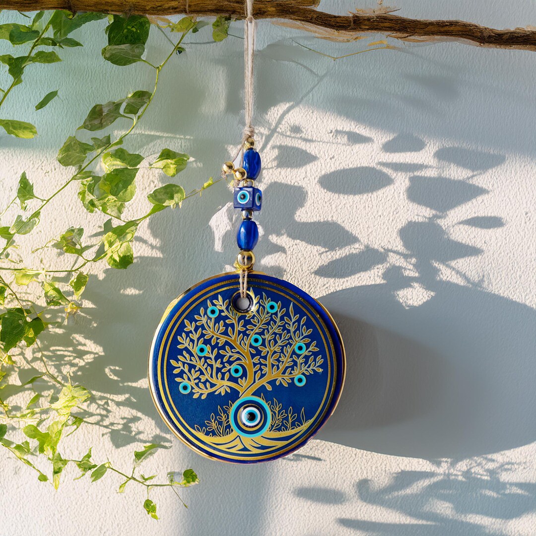 Tree of Life Evil Eye Wall Hanging: Gold & Blue Boho Decor - Etsy