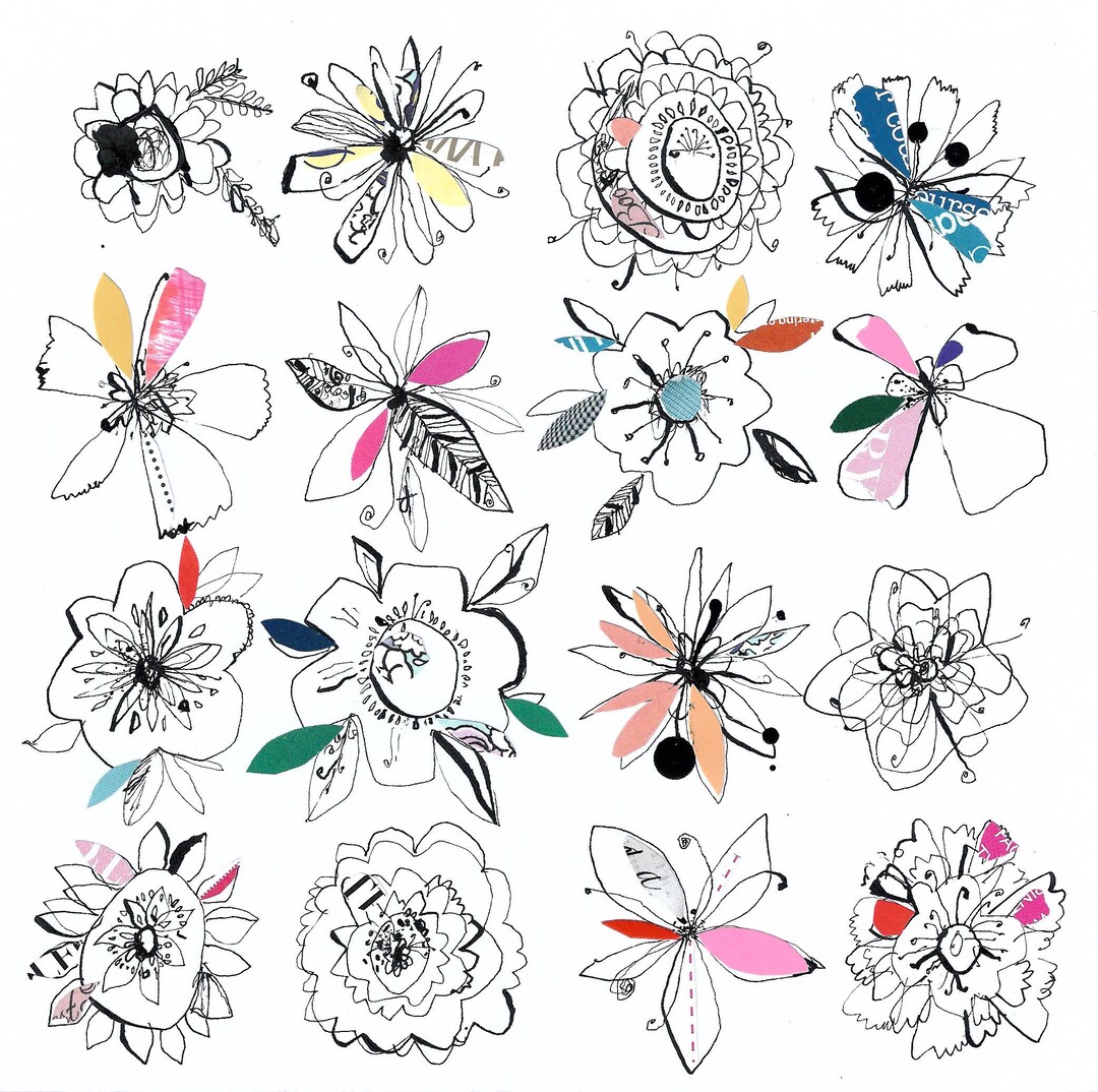 Original Hand Drawn Floral Ink Art, Collage Flowers, 7x7 - Etsy