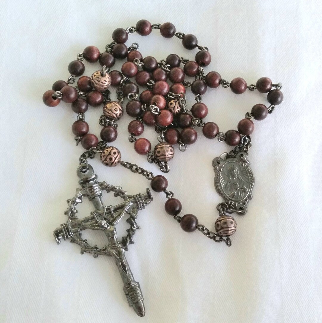 Gun Metal Rosary W/ Wood and Copper Beads - Etsy