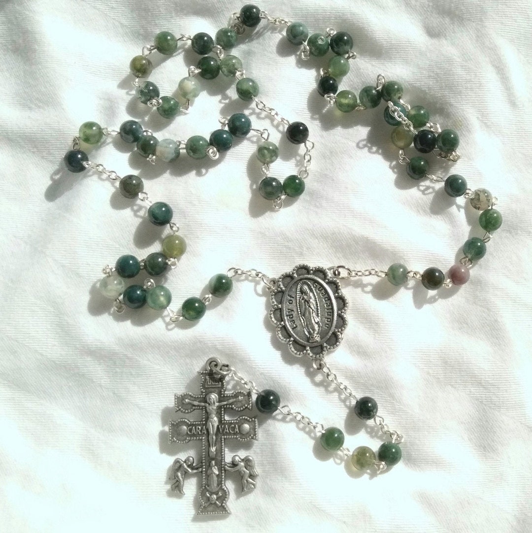 Moss Agate Rosary W/ Cara Vaca Crucifix and Our Lady of Guadalupe ...
