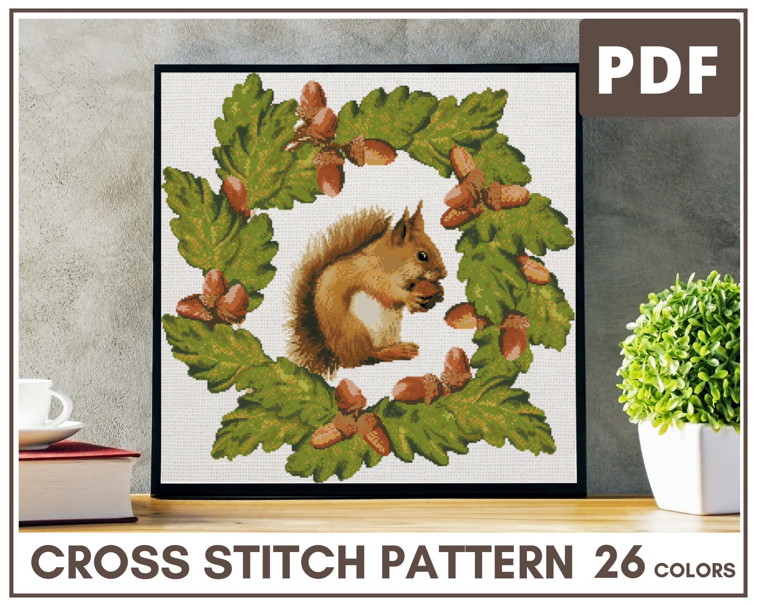 Squirrel Cross Stitch Pattern PDF Easy Autumn Wreath Digital | Etsy