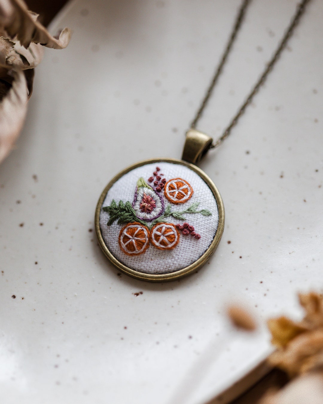 Oranges & Fig Fruit Bouquet Embroidery Necklace Canadian Handmade Fiber ...