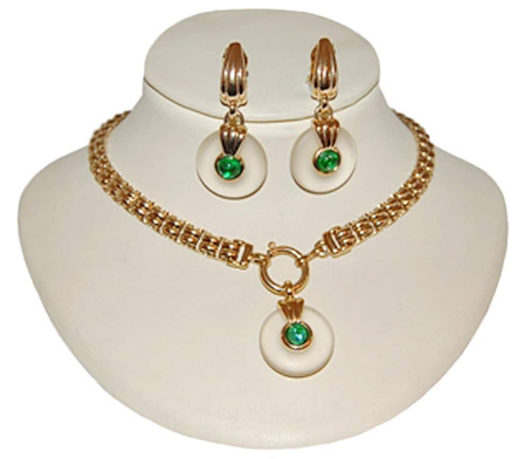 1980s Vintage Set Gold Watch Band Chain Necklace With White Opaque ...